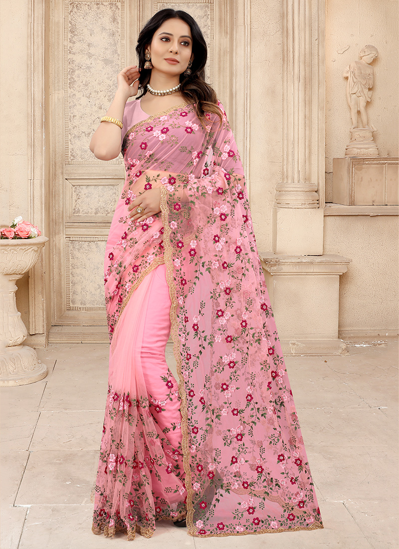 Buy Reception Wear Light Gajri Zarkan Work Net Saree Online From Surat ...