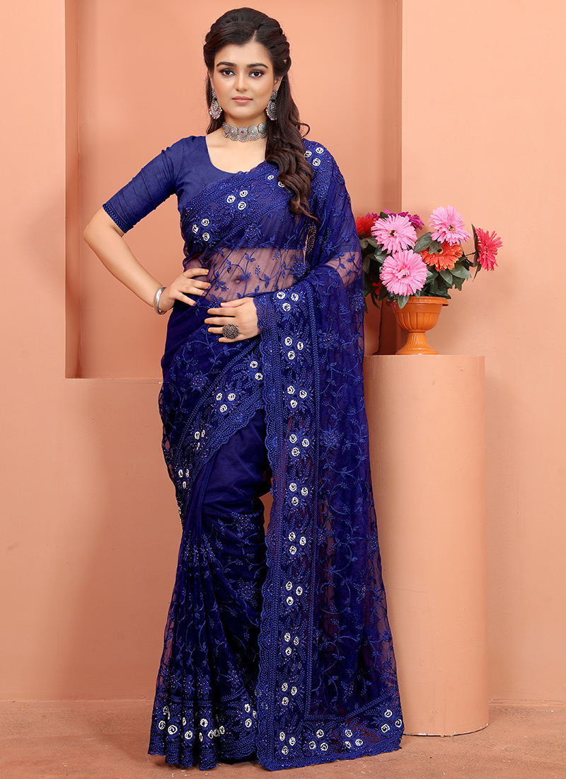 Culture Reception Wear Latest Designer Resham Embroidery Net Sarees ...