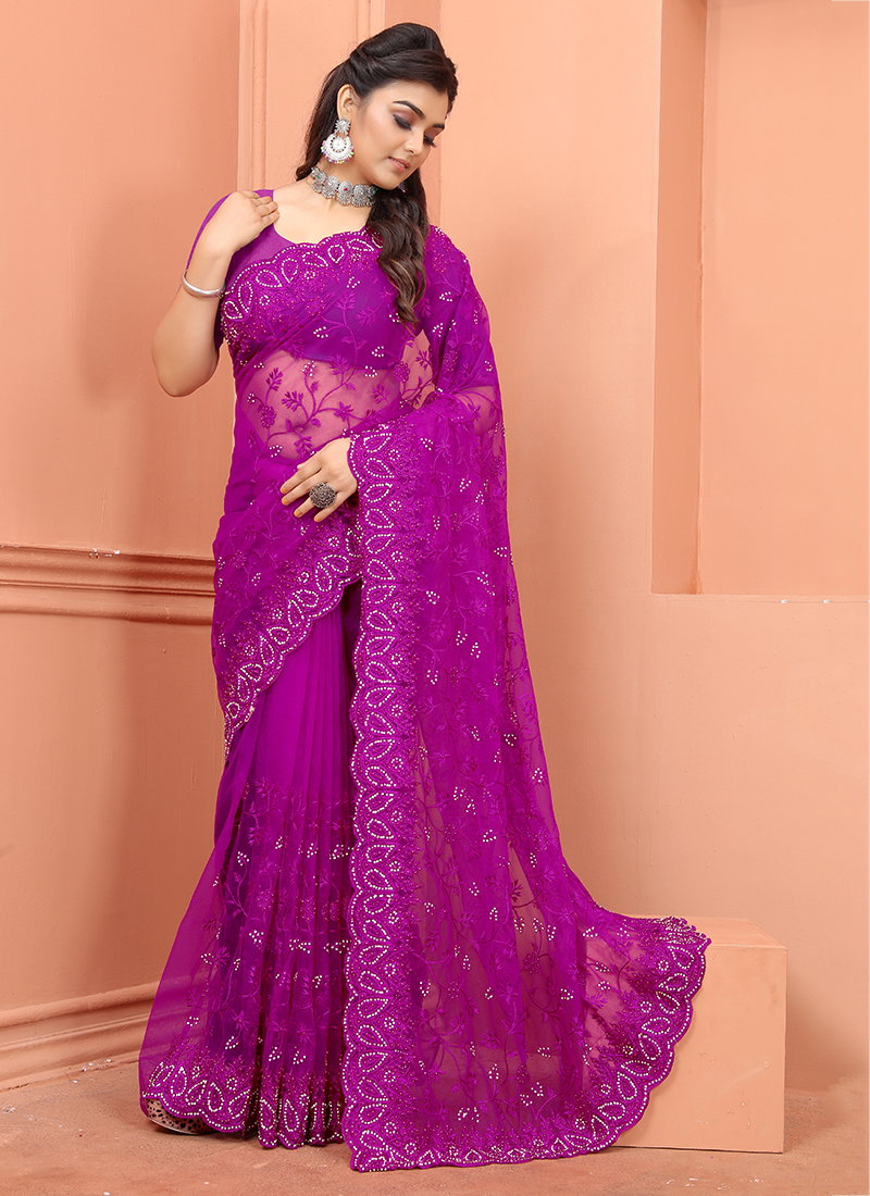 Culture Reception Wear Latest Designer Resham Embroidery Net Sarees ...