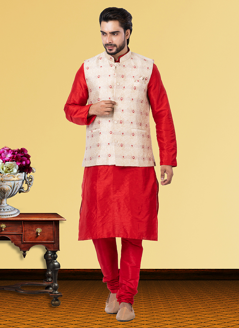 Buy Traditional Wear Cream Weaving Work Dupion Raw Silk Kurta Pajama ...