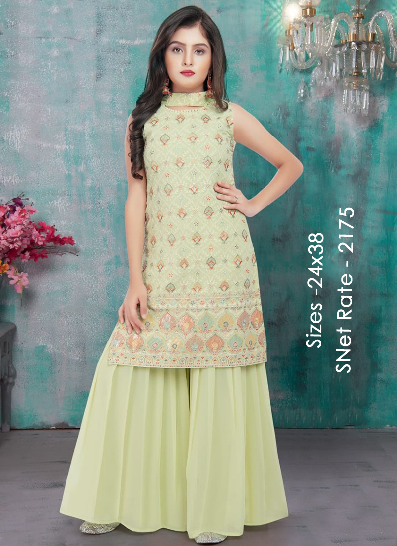 (Set Of 7 Pcs )Pista Green New Designer Readymade Kids Sharara Suit Catalog
