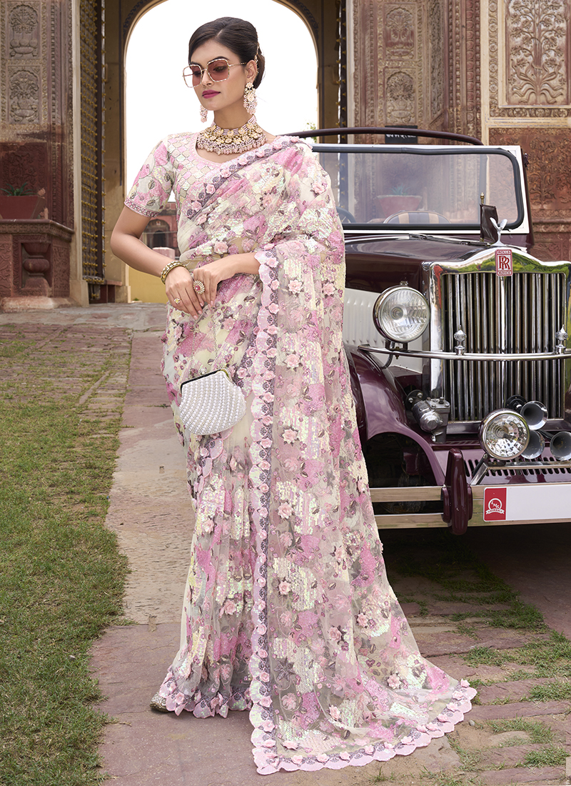 Buy Reception Wear Cream Sequinned Work Net Saree Online From Surat ...