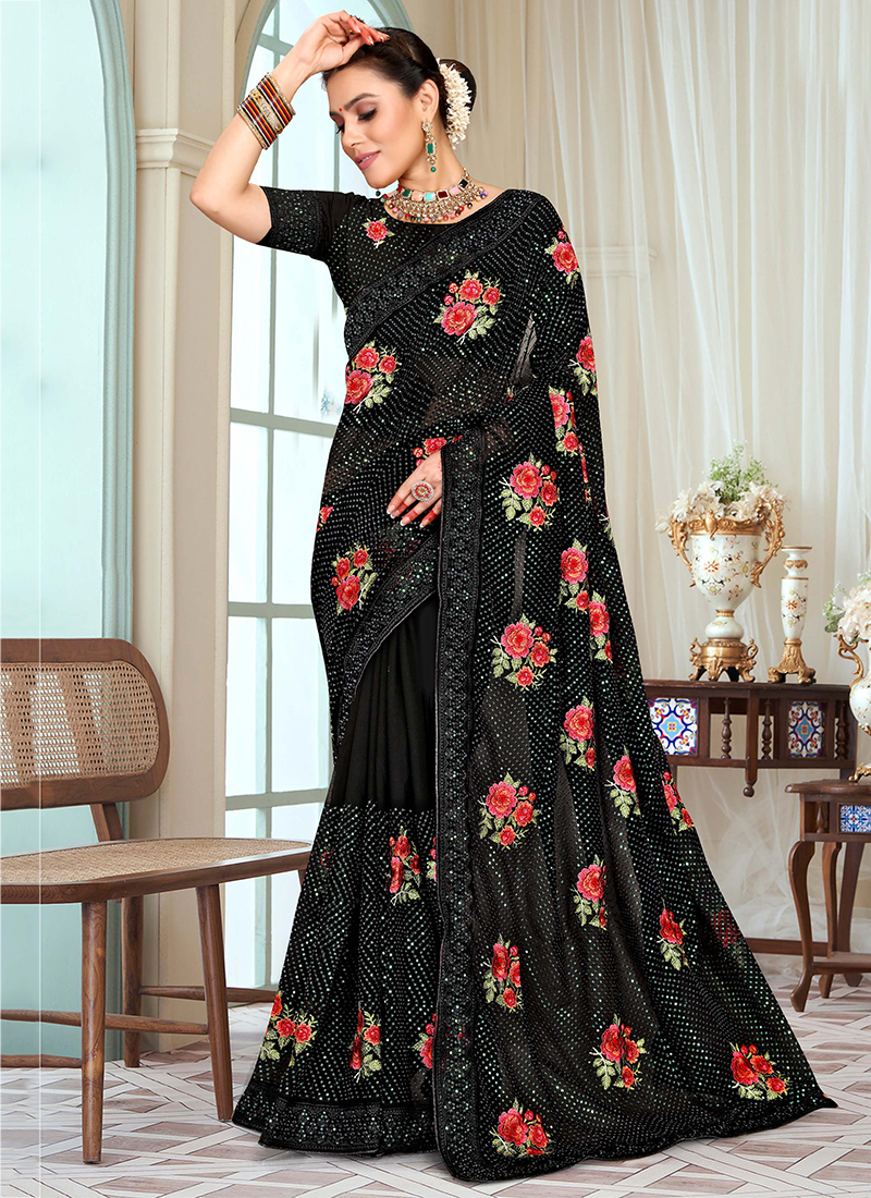 Buy Festival Wear Black Resham Work Georgette Saree Online From Surat ...