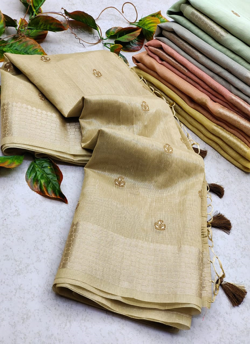 Zari Exclusive Border Linen Tissue Traditional Sarees Collection Catalog