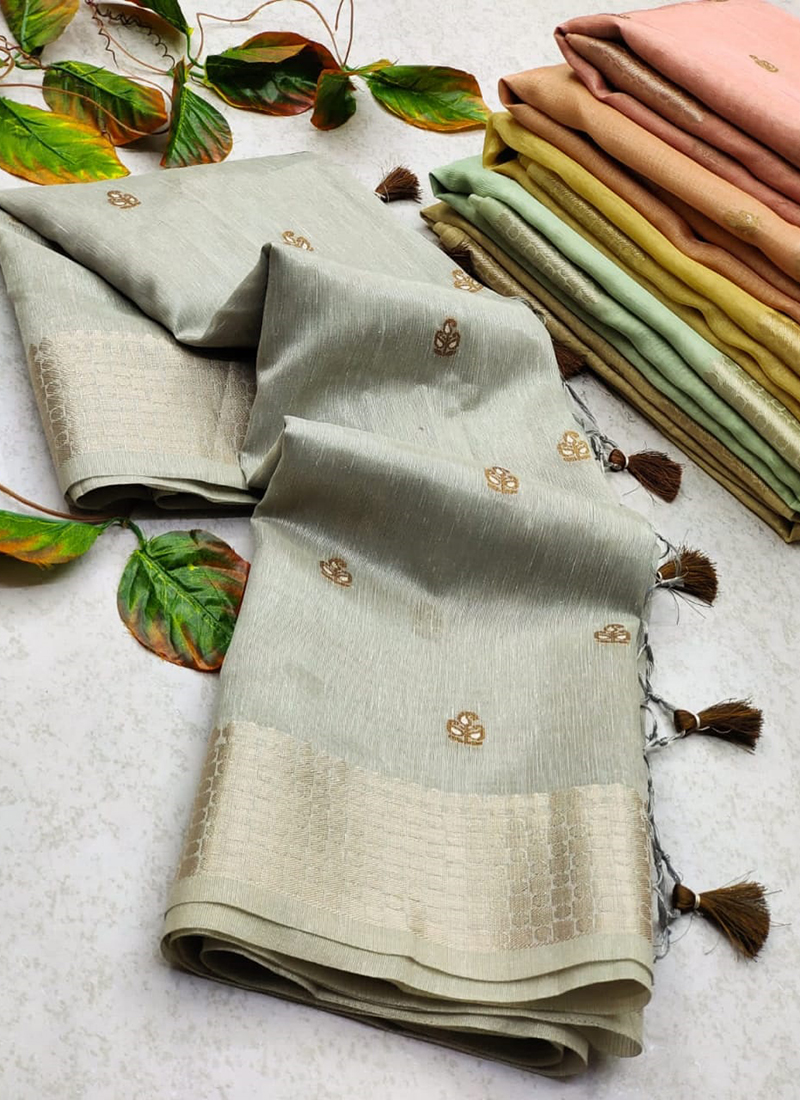 Zari Exclusive Border Linen Tissue Traditional Sarees Collection Catalog