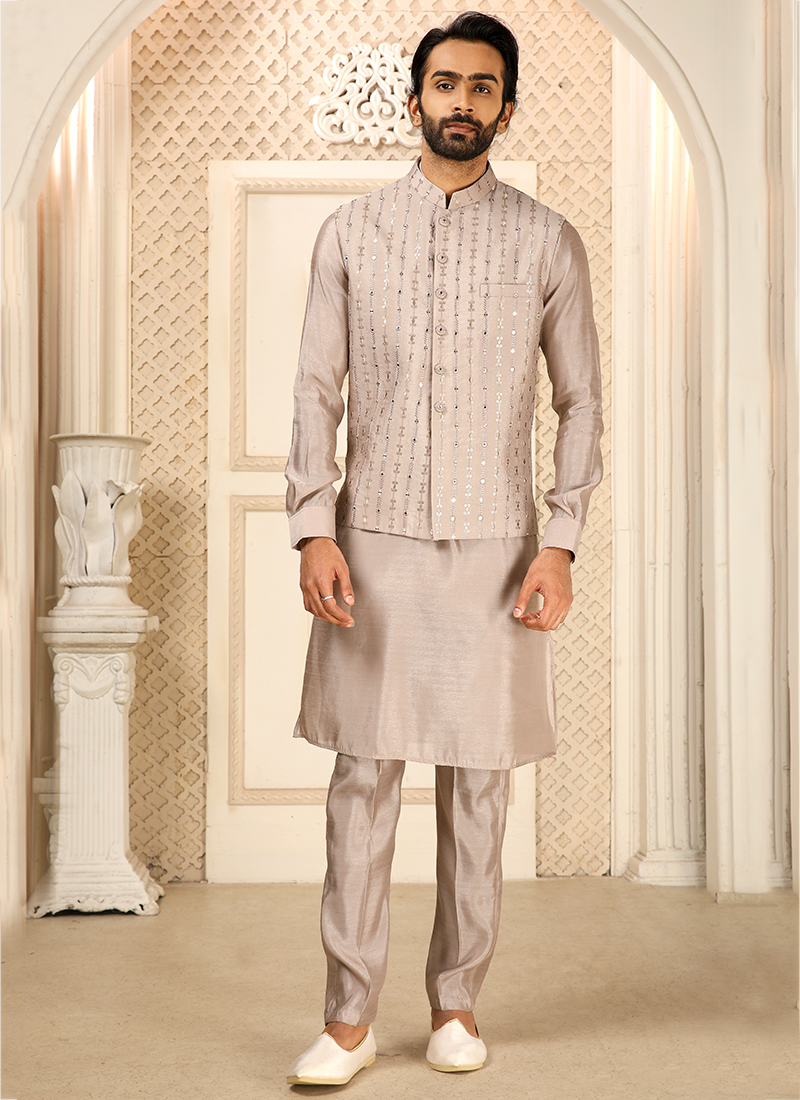 Buy Reception Wear Light Taupe Mirror Work Art Silk Aligadhi 3 Pcs ...