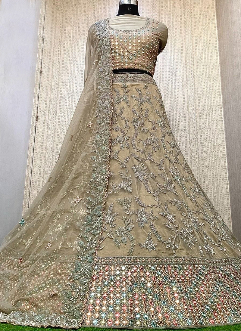 Buy Reception Wear Beige Zarkan Work Velvet Lehenga Choli Online From ...