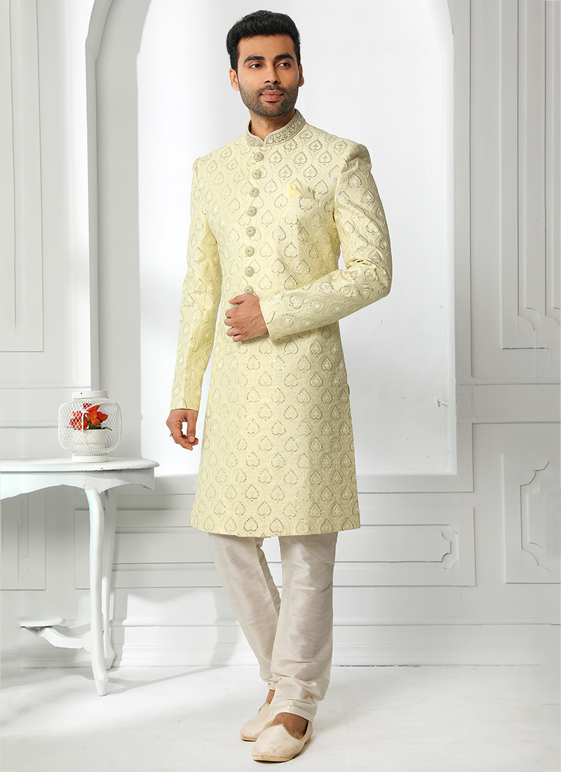 Buy Wedding Wear yellow Thread Work Art Silk Sherwani Online From Surat ...