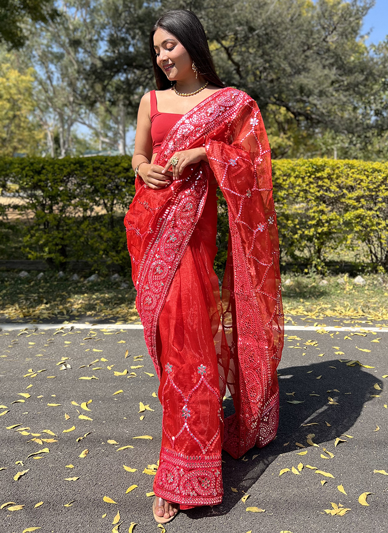 Buy Festival Wear Red Gota Patti Work Organza Saree Online From Surat Wholesale Shop.