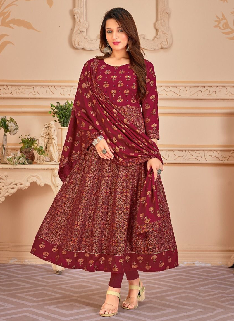 Buy Traditional Wear Rani Mirror Work Rayon Gown With Dupatta Online ...