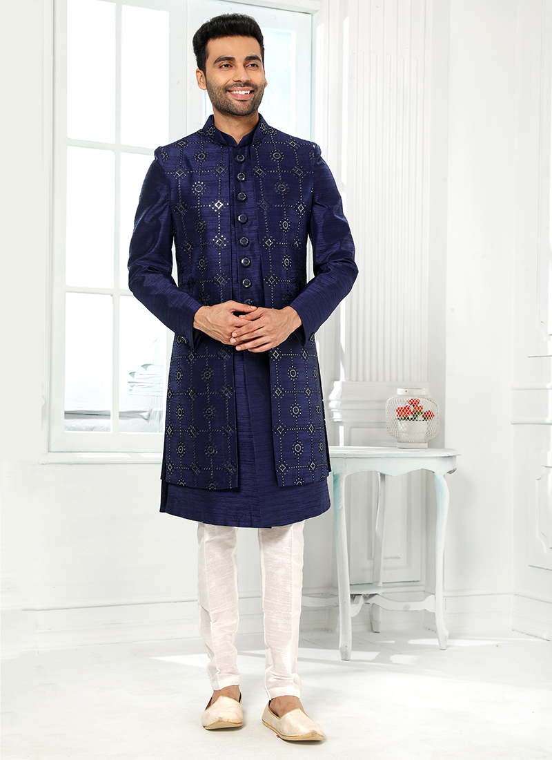 Buy Wedding Wear blue Thread Work Art Silk Sherwani Online From Surat ...
