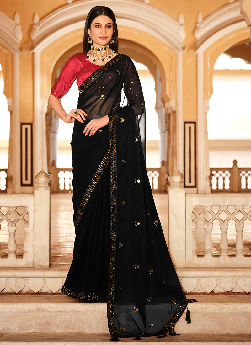 Buy Traditional Wear Black Thread Work Chinnon Saree Online From Surat ...