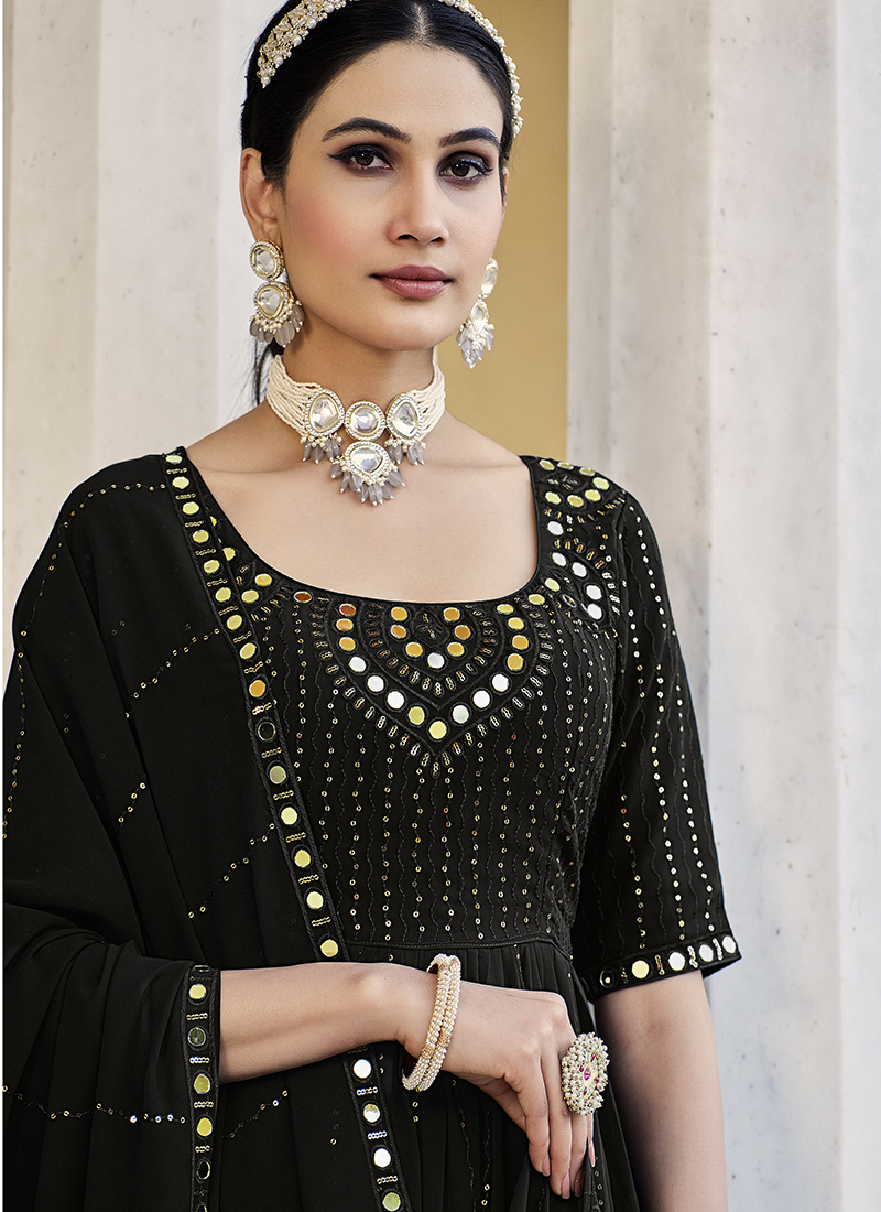 Buy Party Wear Black Thread Work Georgette Gown With Dupatta Online ...