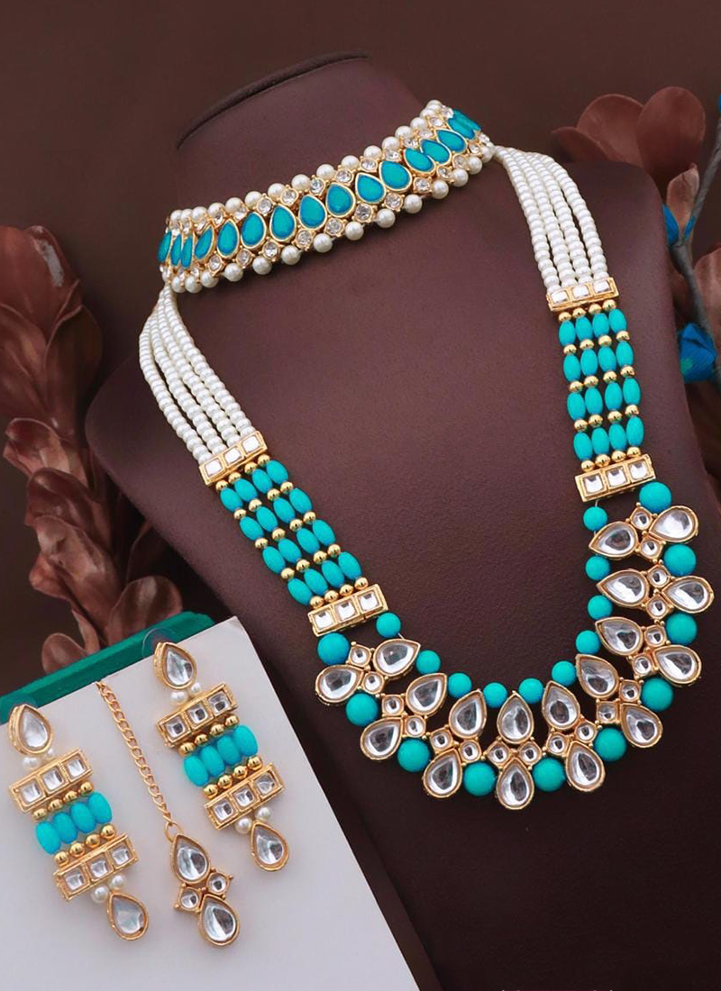Buy Sky Blue Premium Quality Kundan and moti Combo set Earrings And ...