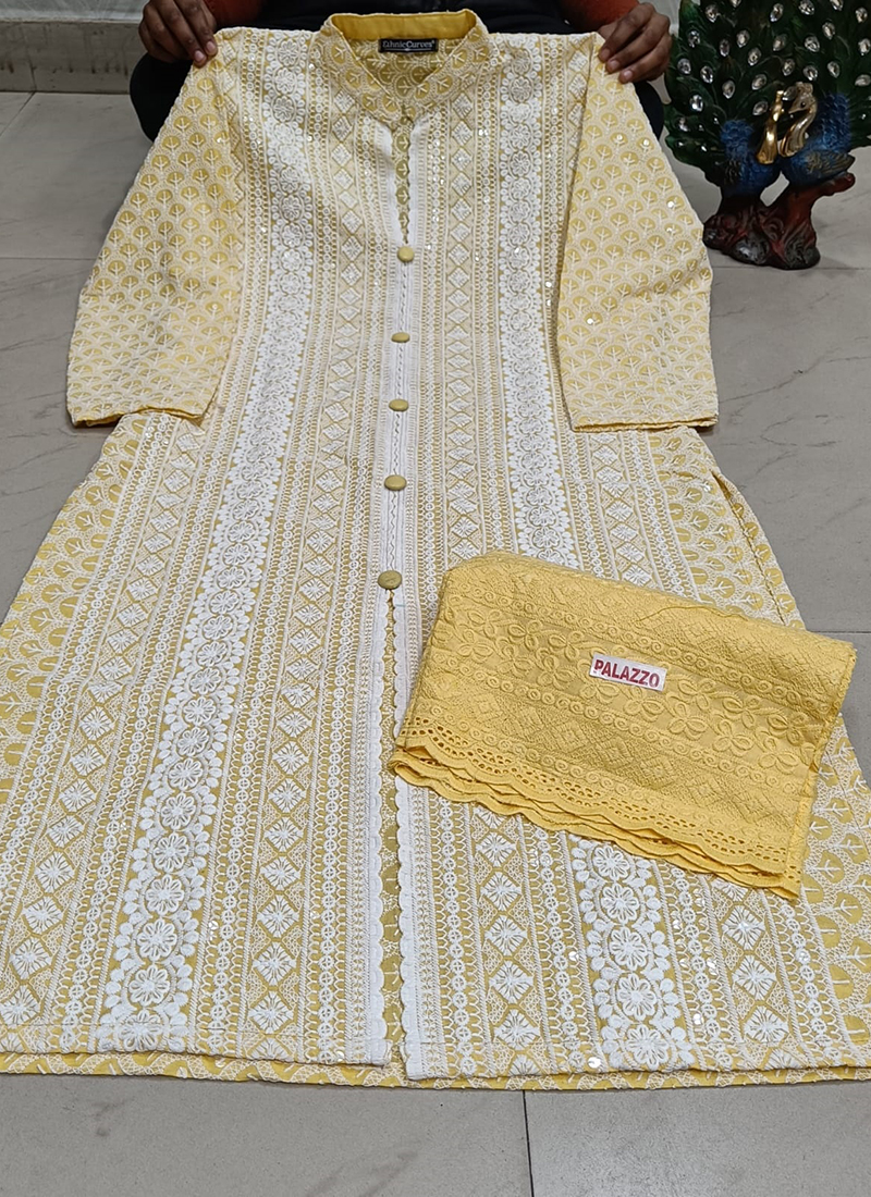 Buy Traditional Wear Lemon Sequins Work Pure Cotton Kurti With Palazzo ...