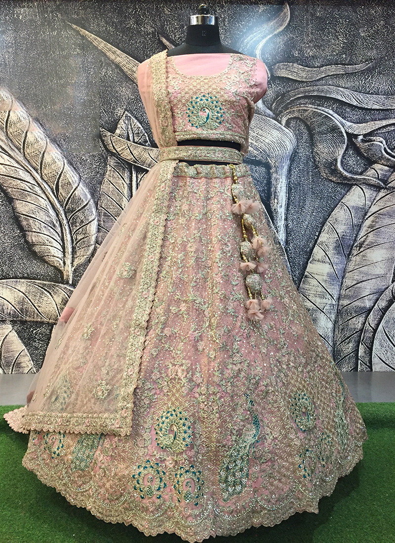 Buy Reception Wear Light Pink Embroidery Work Net Silk Lehenga Choli ...