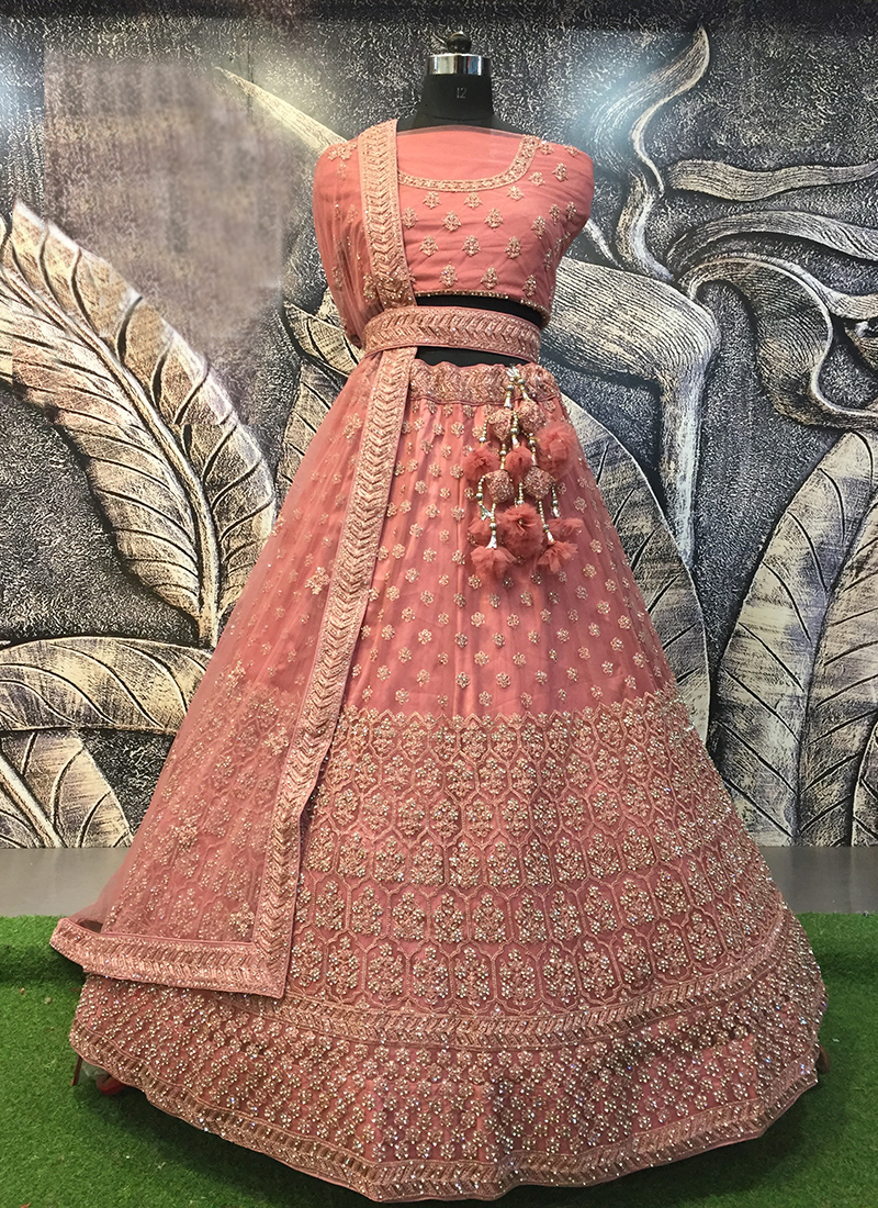Buy Wedding Wear Pink Embroidery Work Net Lehenga Choli Online From ...