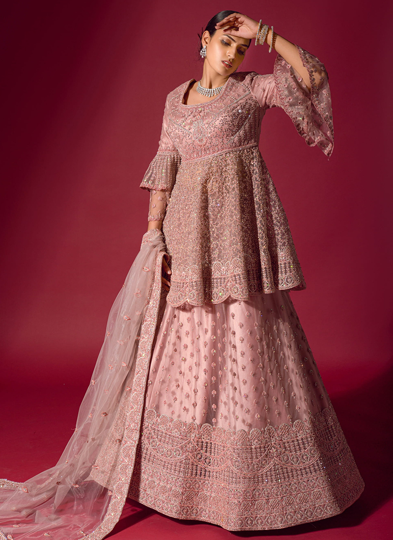 Buy Reception Wear Pink Zarkan Work Velvet Lehenga Choli Online From ...