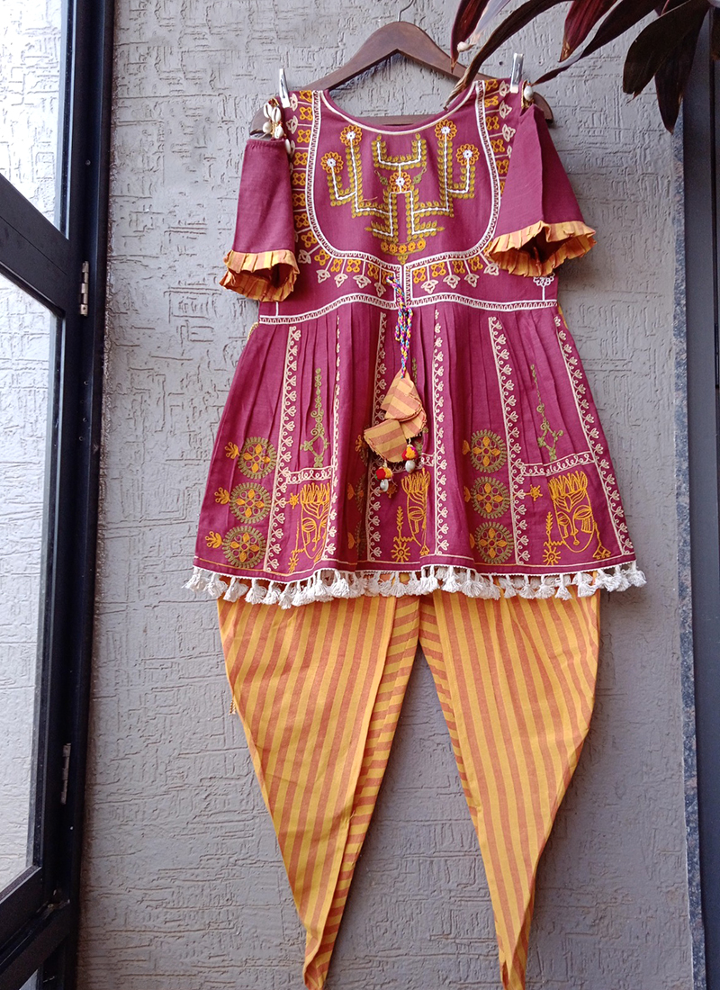 Buy Navratri Wear Cream Embroidery Work Pure Khadi Kedia Dress Online ...