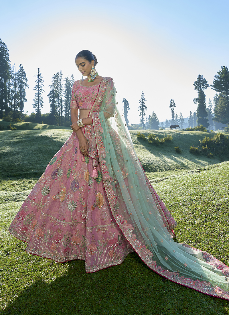 Buy Reception Wear Light Pink Embroidery Work Viscose Lehenga Choli ...