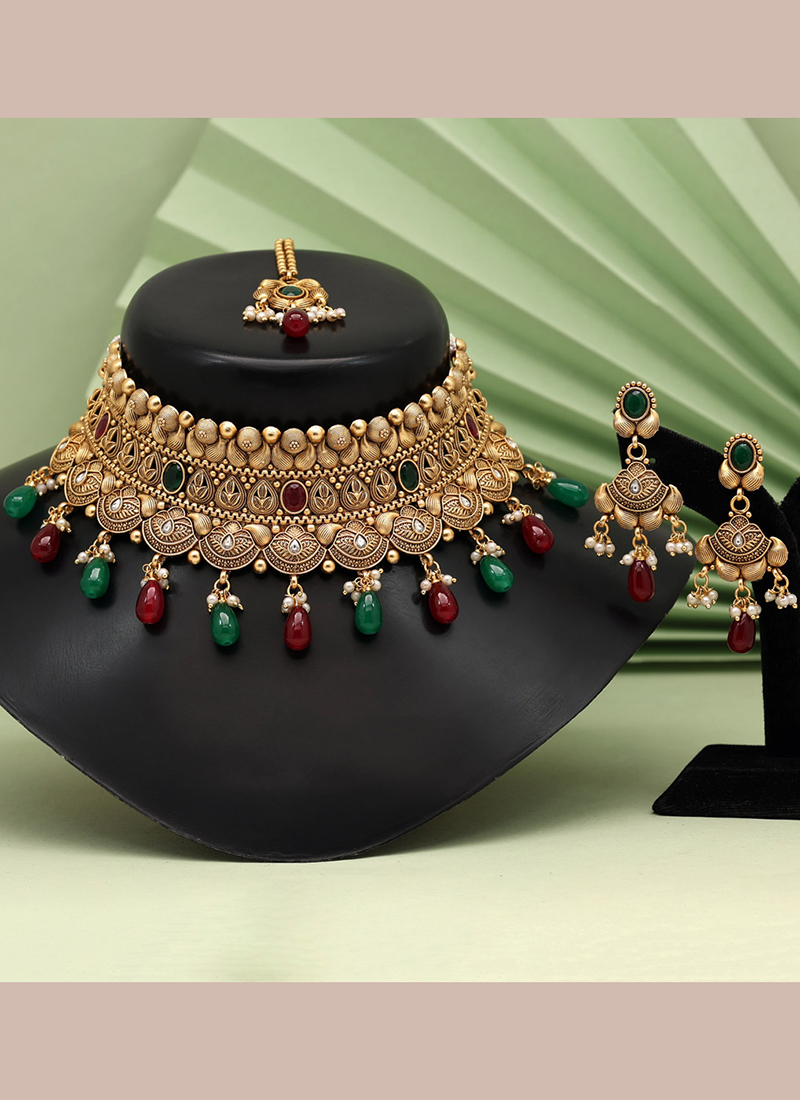 Buy Maroon Green Choker Premium Copper Necklace Set Online From Surat ...