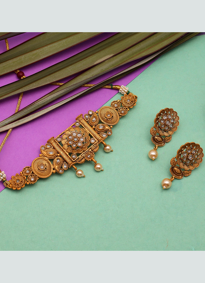 White Choker Matte Gold Temple Necklace Set Catalog