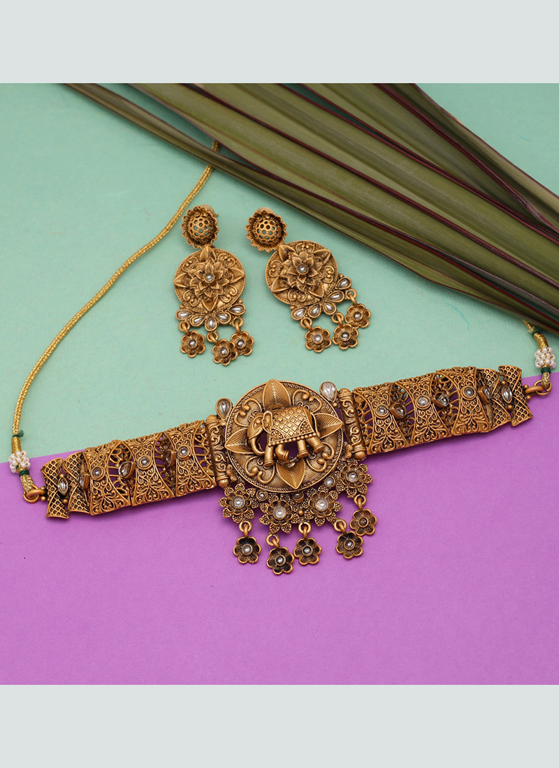 White Choker Matte Gold Temple Necklace Set Catalog