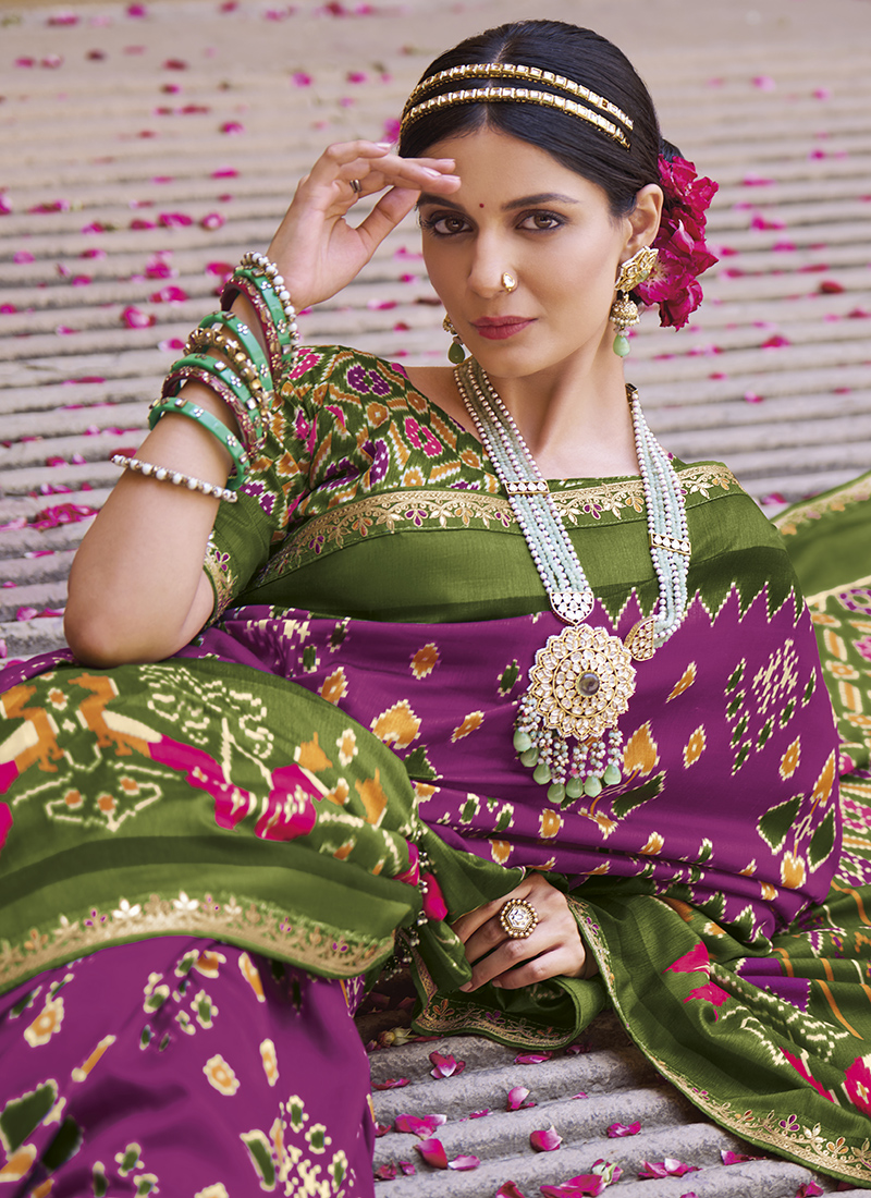 Buy Wedding Wear Green Lace work Patola Silk Saree Online From Surat ...