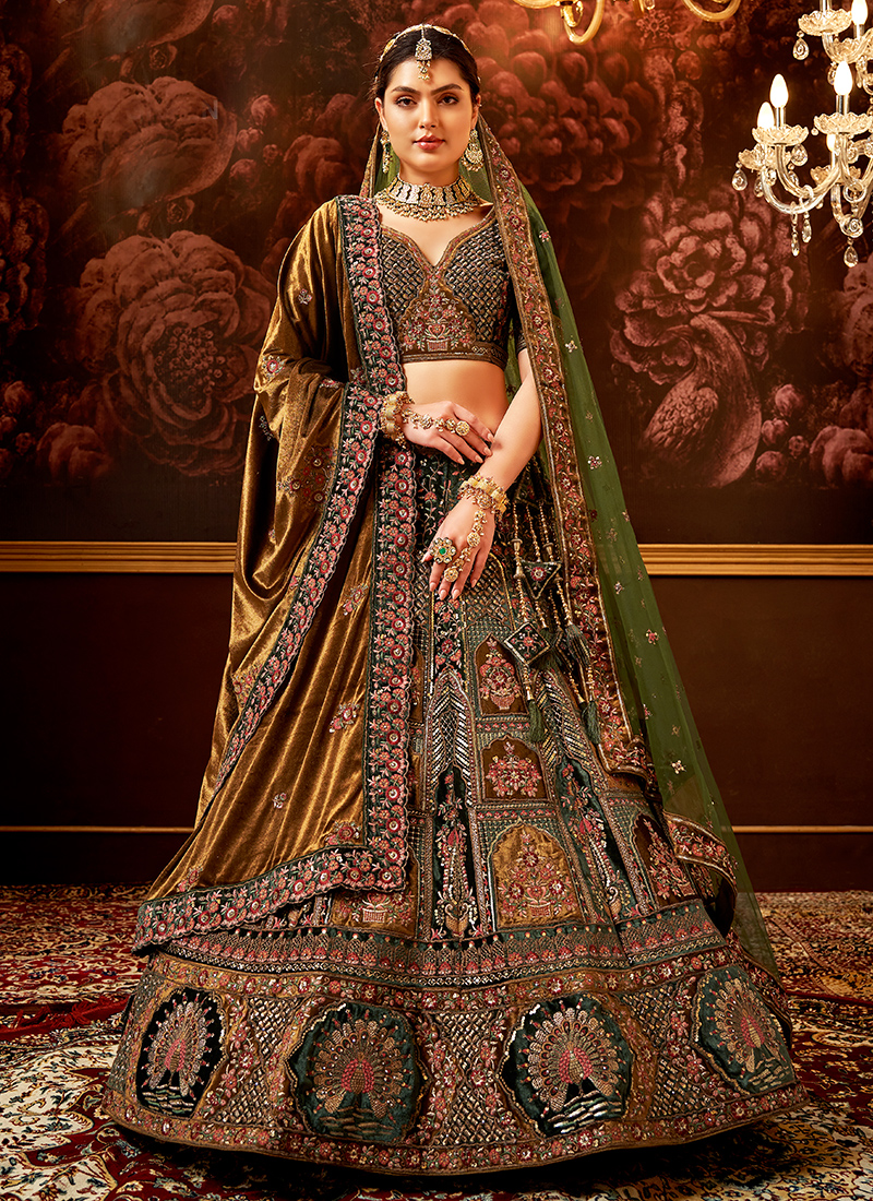 Velvet Hand Work Wholelsale Bridal Lehenga Cholis 7 Pieces Catalog Catalog