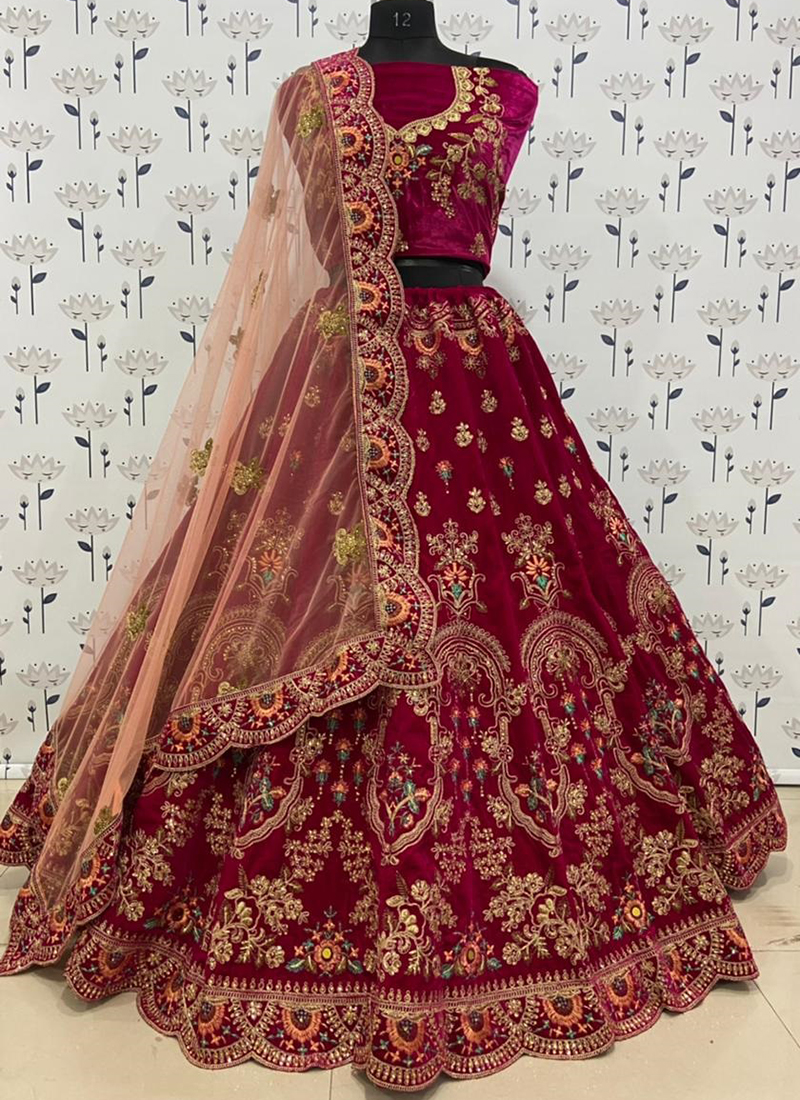 Buy Wedding Wear Pink Embroidery Work Velvet Lehenga Choli Online From ...
