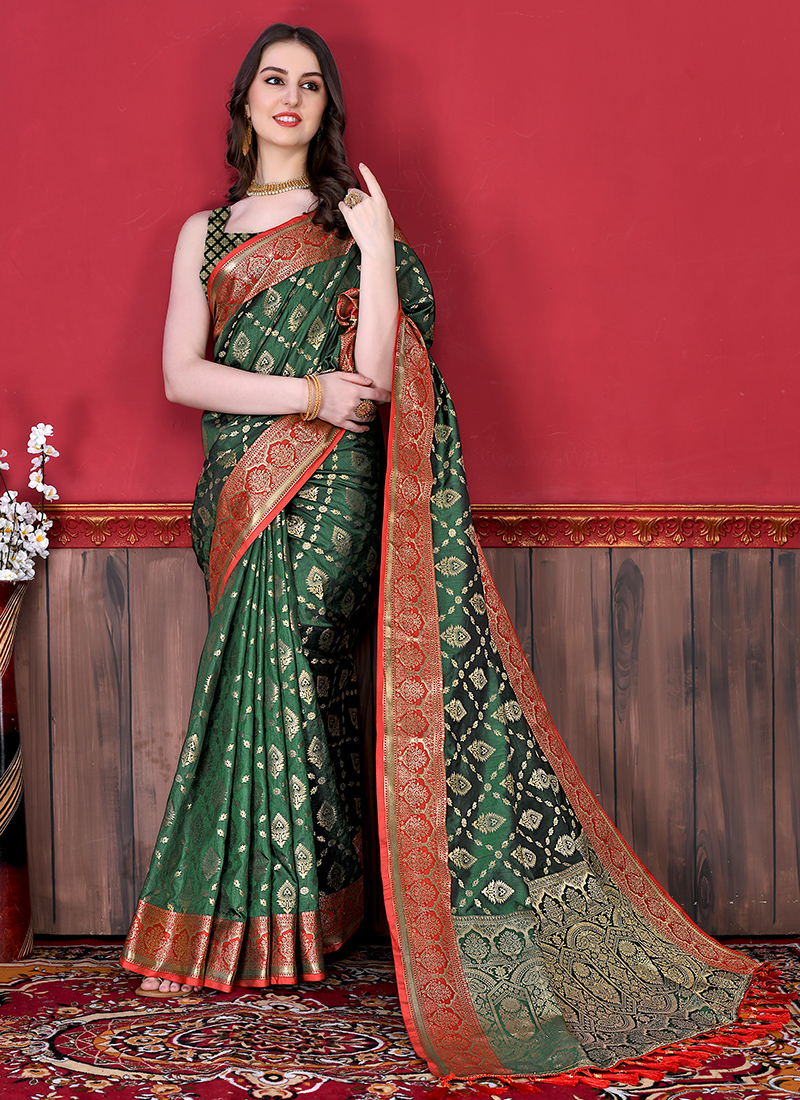 Buy Festival Wear Dark Green Weaving Katan Silk Saree Online From Surat Wholesale Shop.