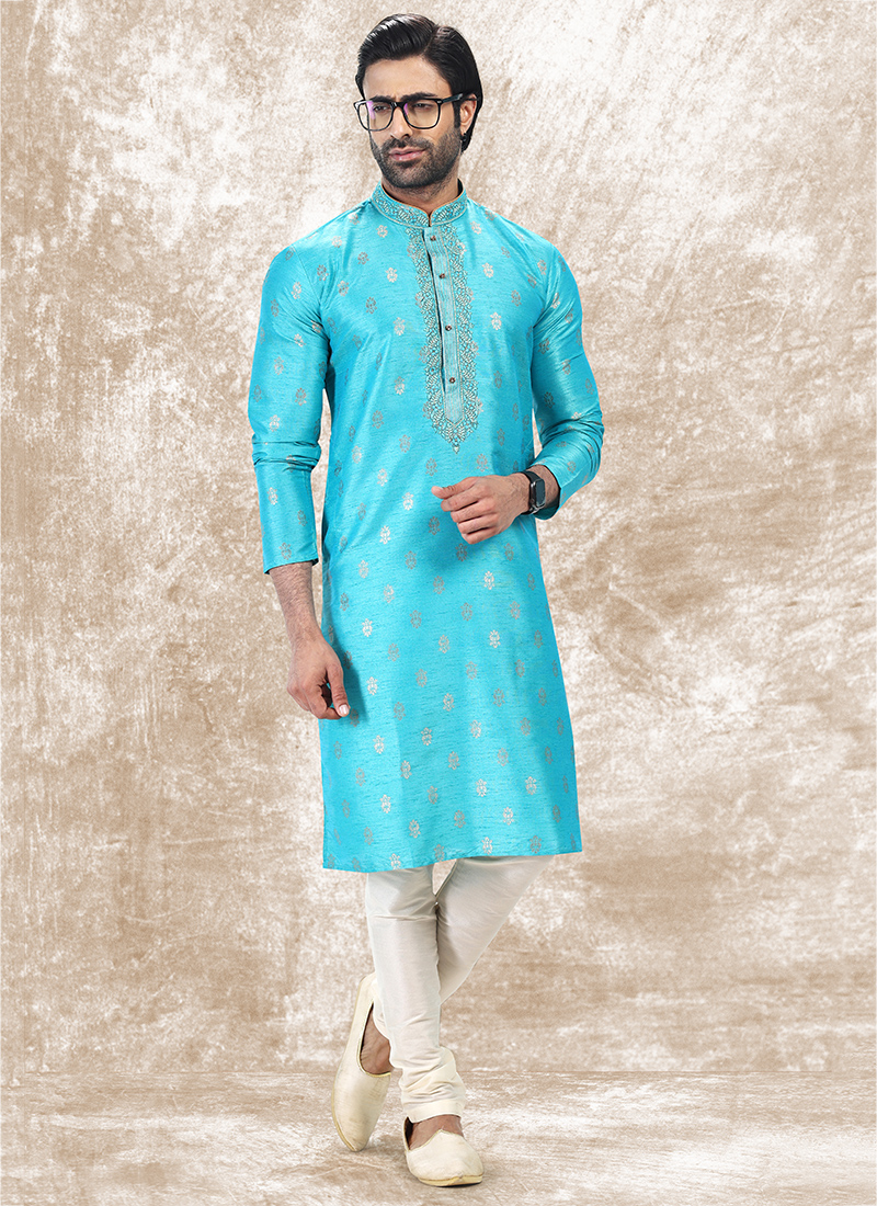 Buy Traditional Wear Blue Thread Work Jacquard Brocade Silk Kurta ...