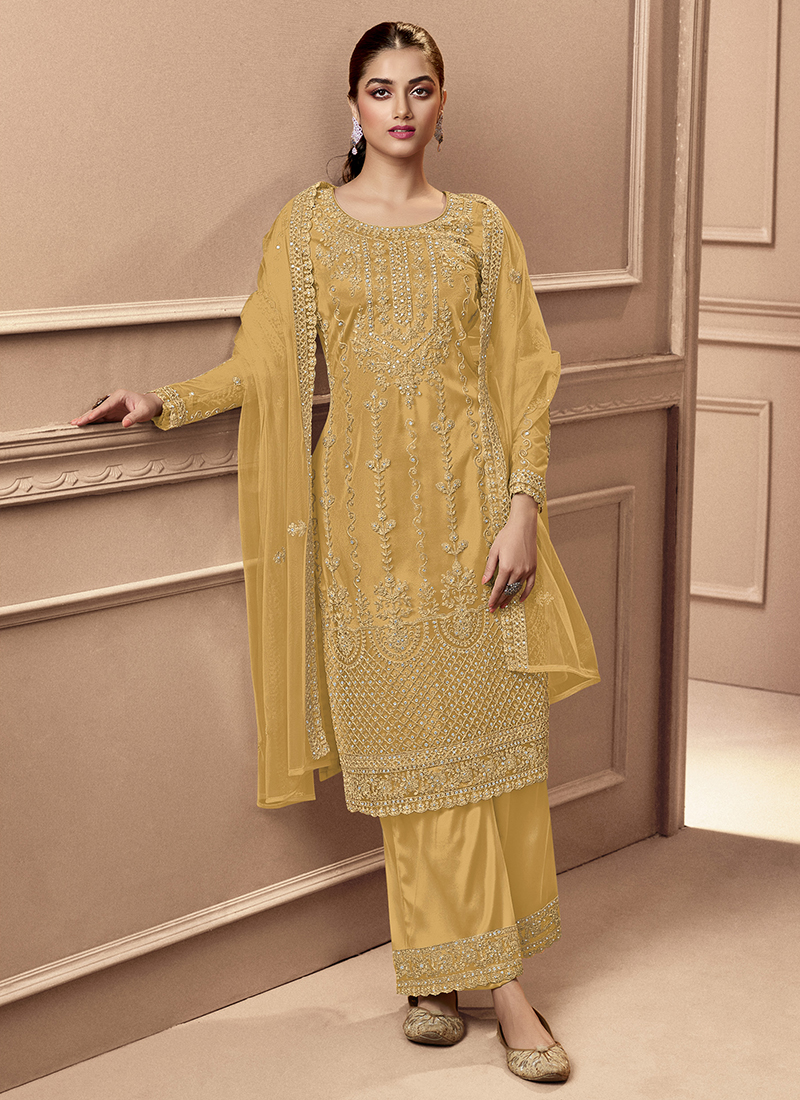 Buy Eid Wear Yellow Cording Work Net Palazzo Suit Online From Surat ...
