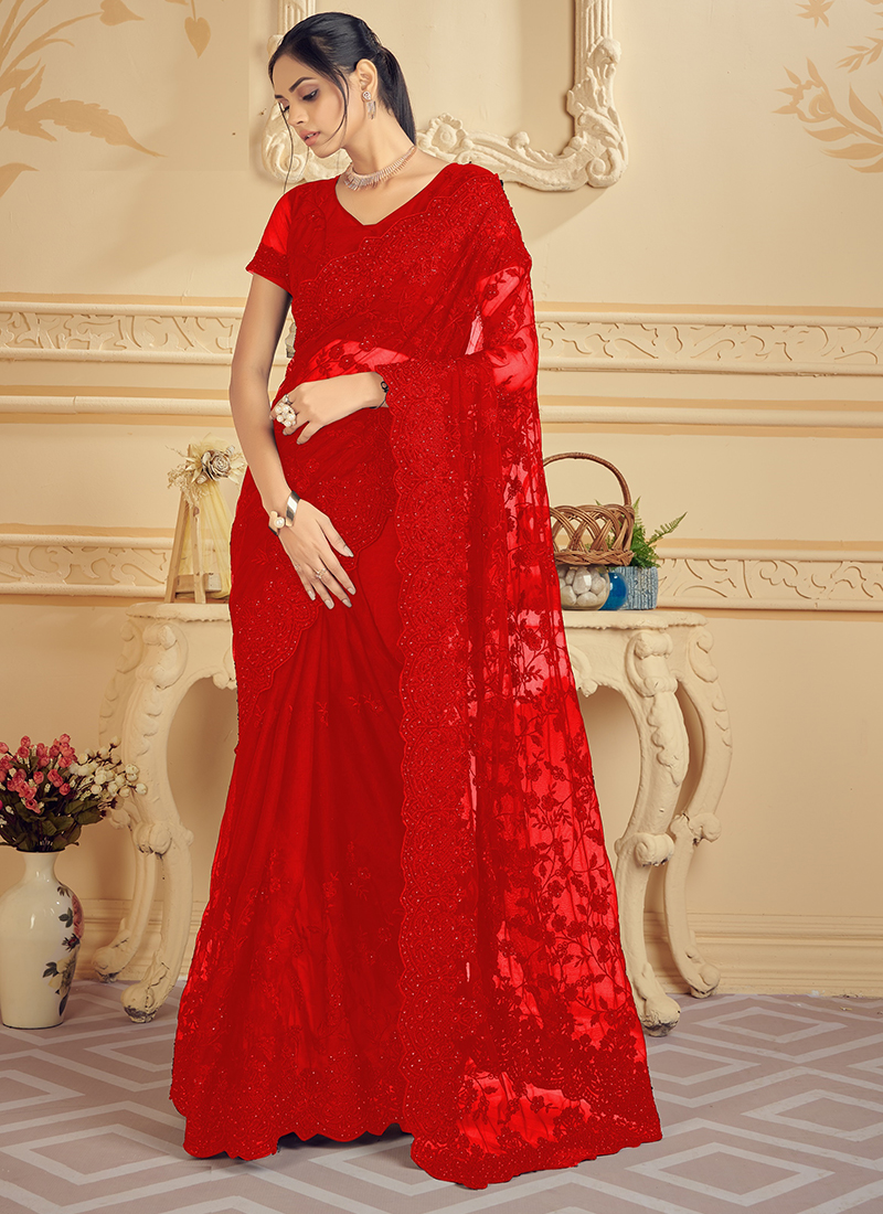 Buy Traditional Wear Red Moti Work Net Saree Online From Surat ...