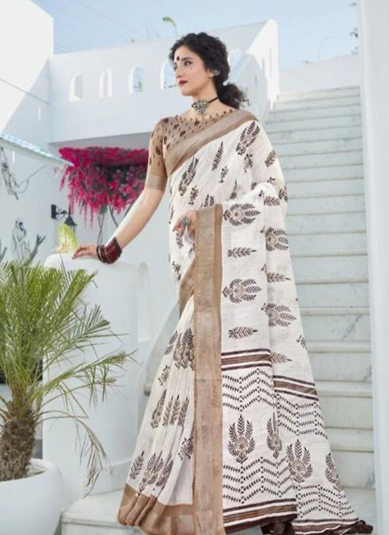 Buy Daily wear Cream Digital Printed Work Linen Saree Online From Surat ...