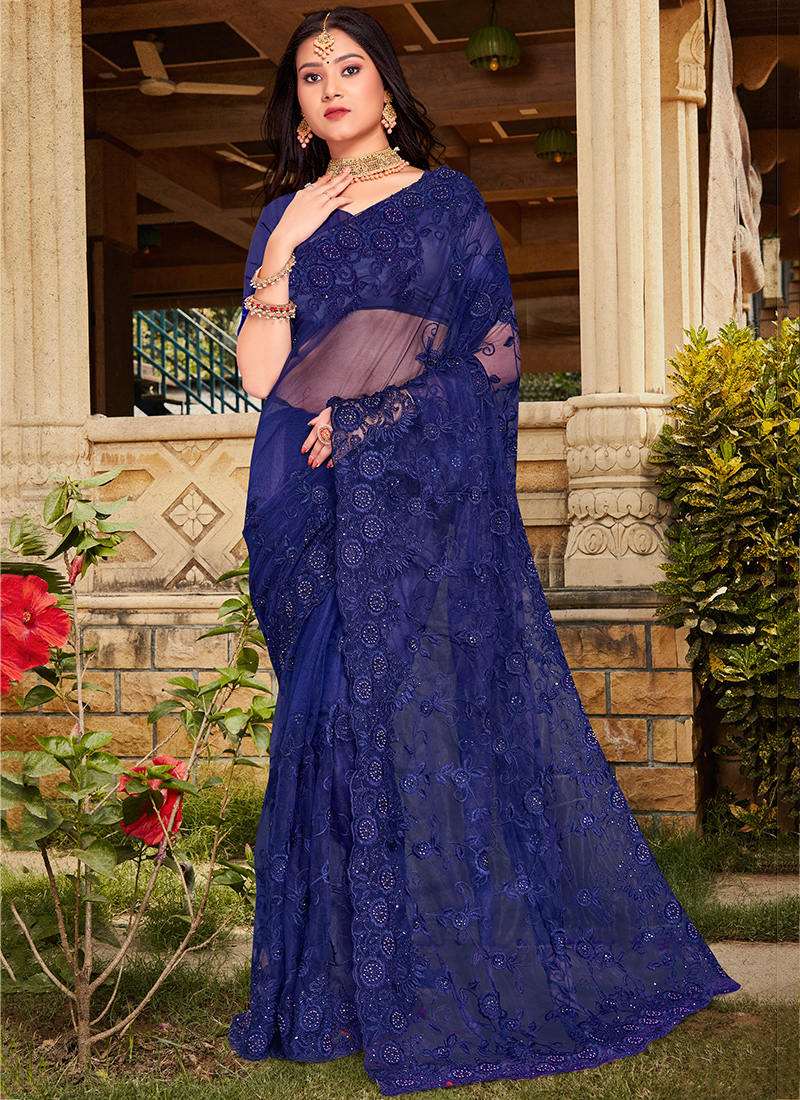 Buy Traditional Wear Navy Blue Moti Work Net Saree Online From Surat ...