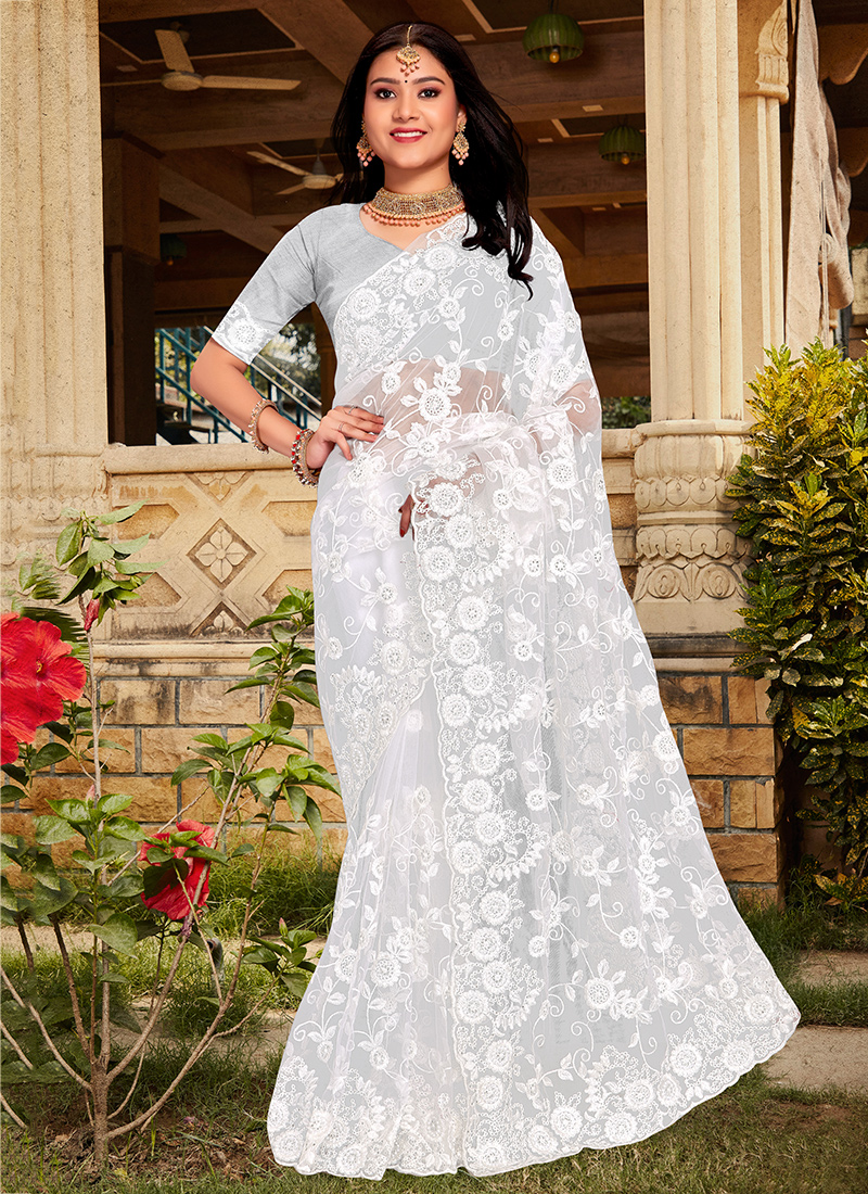 Buy Traditional Wear White Moti Work Net Saree Online From Surat ...