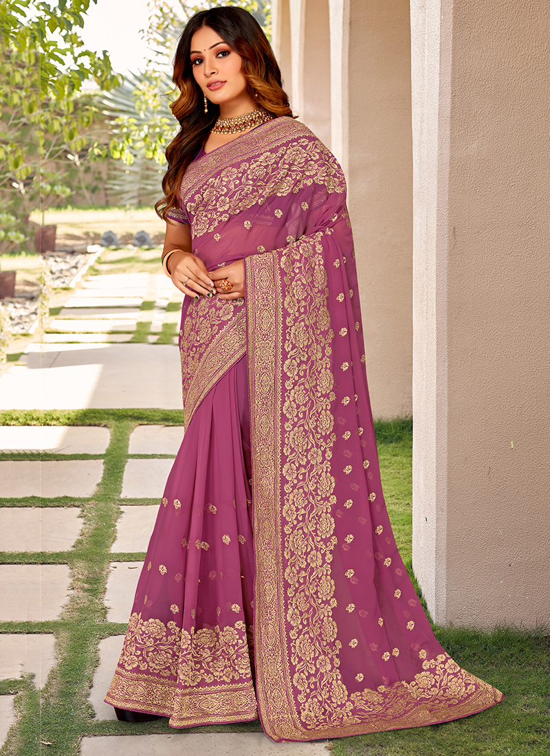 Buy Traditional Wear Dusty Gajri Zari Embroidery Georgette Saree Online ...