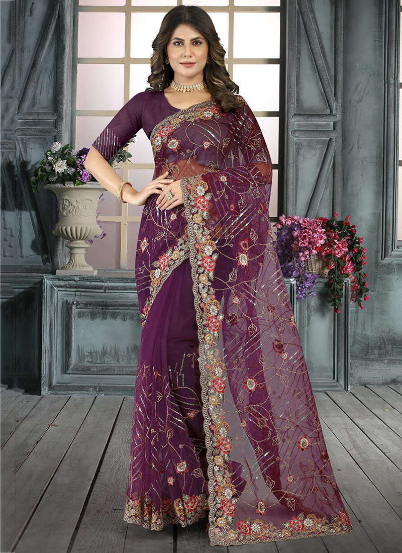 Buy Wedding Wear Wine Cording Work Net Saree Online From Surat Wholesale Shop.