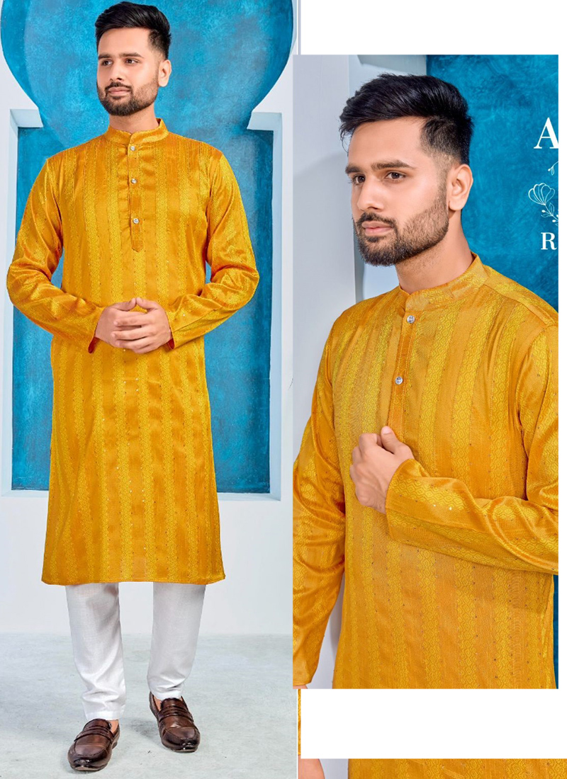 Buy Traditional Wear Mustard Weaving Jacquard Silk Kurta Pajama Online ...