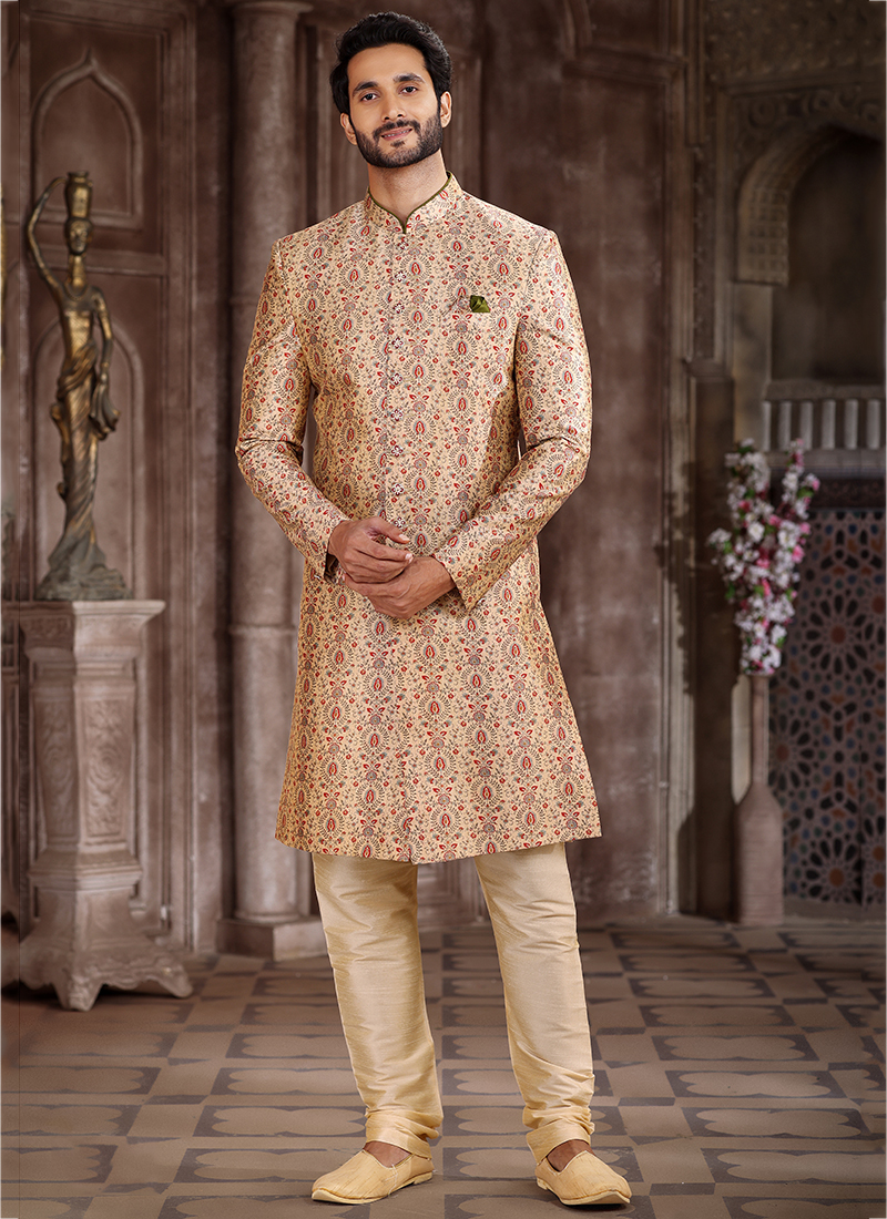 Buy Traditional Wear Beige Printed Work Art Silk Sherwani Online From ...