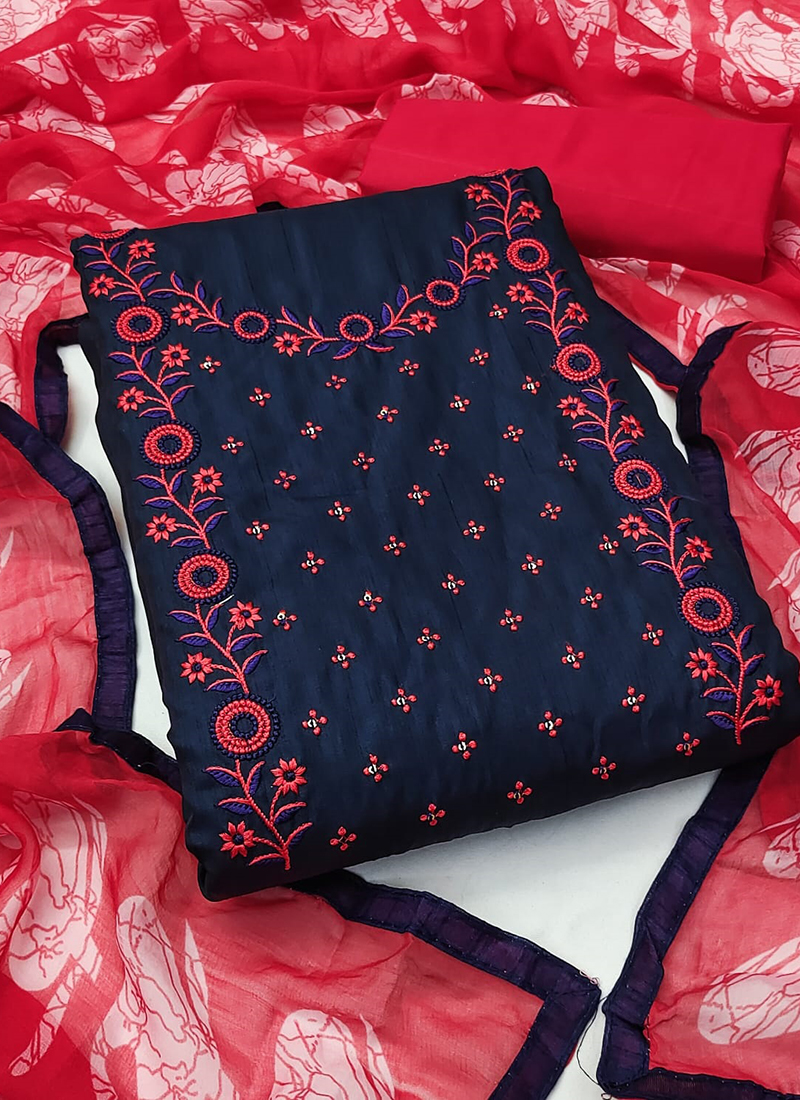 Buy Festival Wear Navy Blue Sequins Work Jelly Silk Dress Material Online From Surat Wholesale Shop.