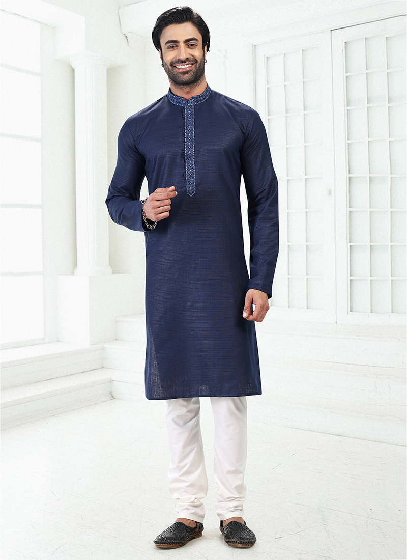 Buy Traditional Wear BLUE Thread Work Linen Cotton Kurta Pajama Online ...