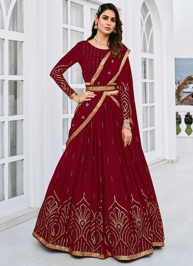 Buy Traditional Wear Maroon Thread Work Georgette Lehenga Choli Online ...