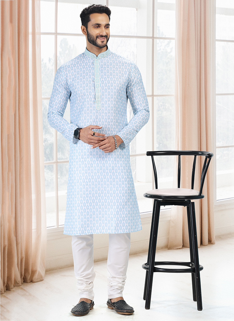 Buy Traditional Wear Blue Thread Work Cotton Kurta Pajama Online From ...