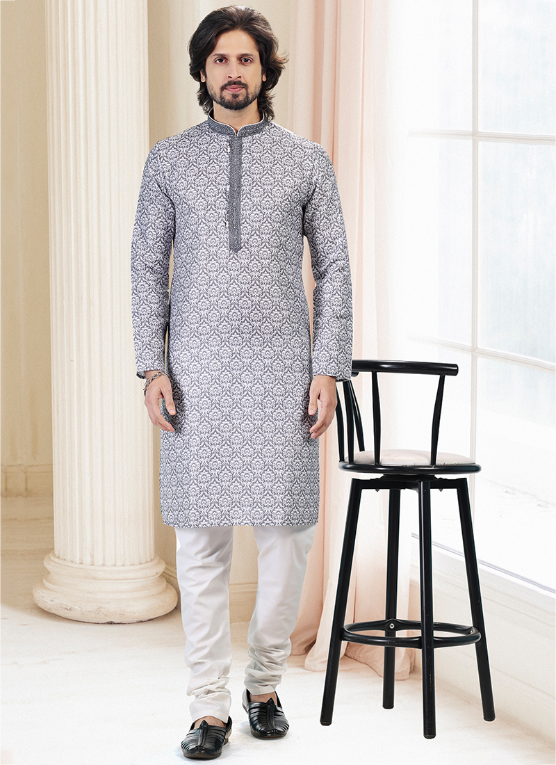 Buy Traditional Wear Grey Thread Work Cotton Kurta Pajama Online From ...