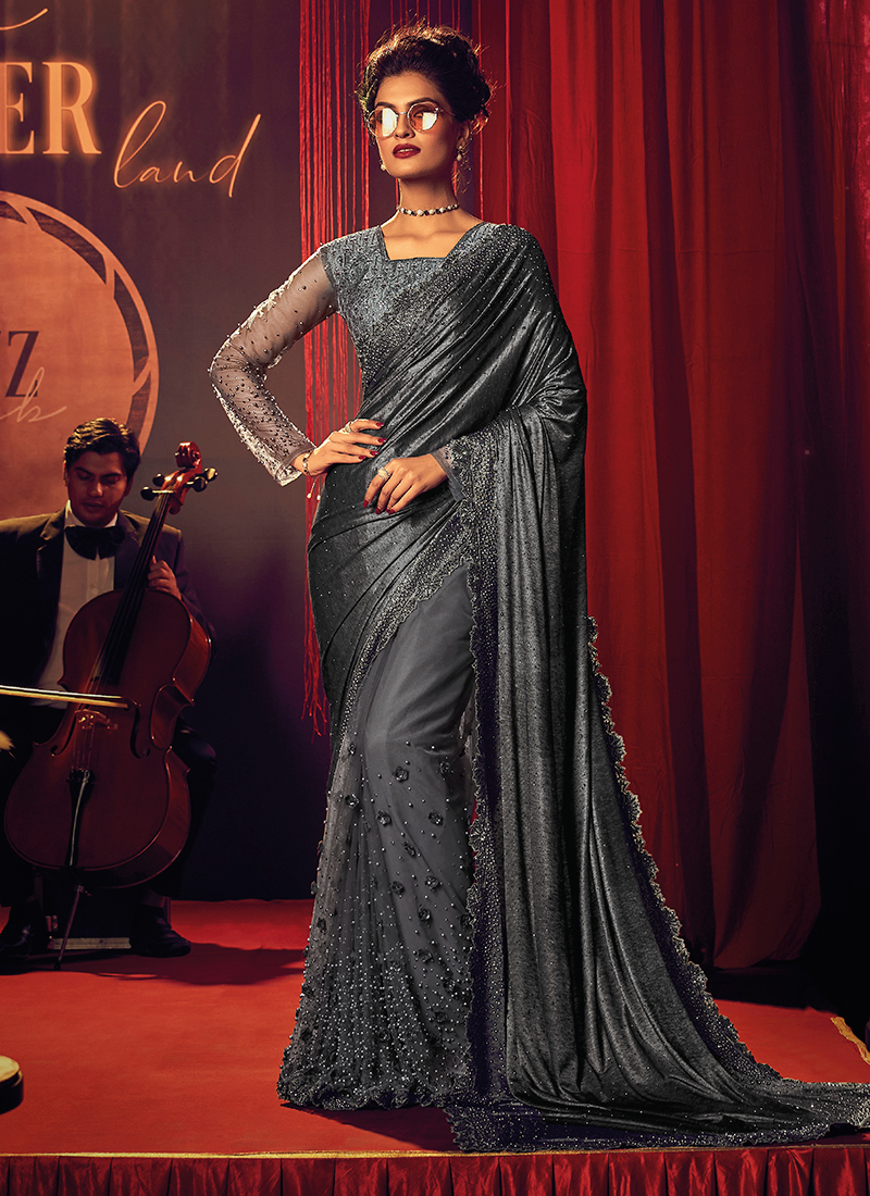 Buy Reception Wear Grey Crystal Work Net Saree Online From Surat ...