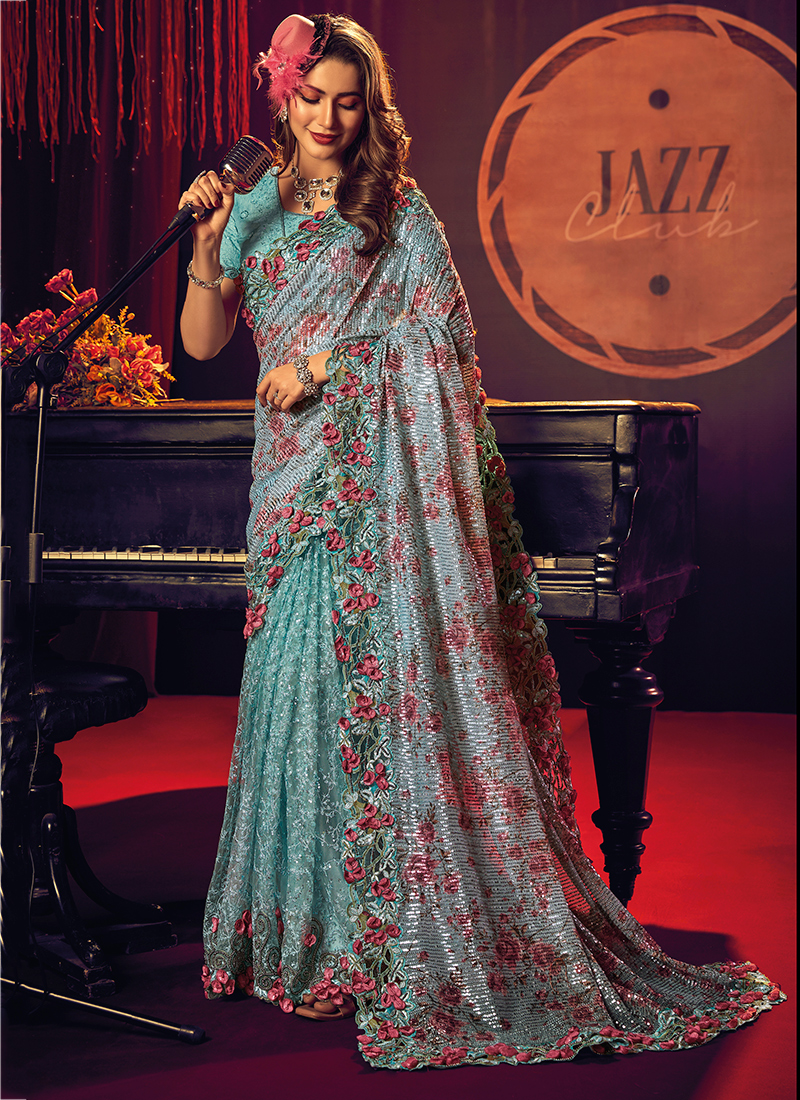 Buy Reception Wear Sea Green Moti Work Net Saree Online From Surat ...