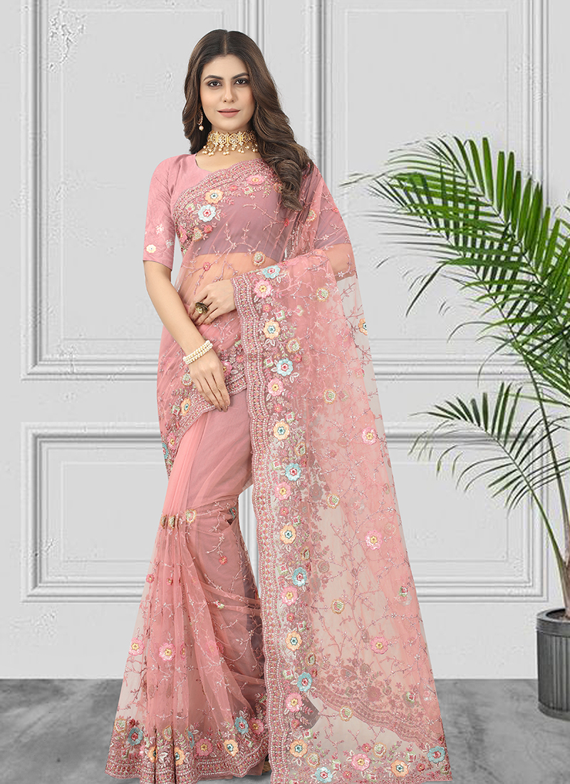 Buy Wedding Wear Dusty Gajri Sequins Work Net Saree Online From Surat ...