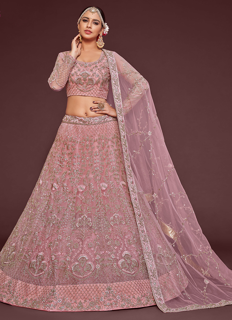Buy Wedding Wear Pearl Pink Embroidery Work Soft Net Lehenga Choli ...